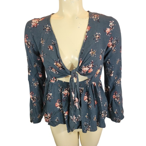 American Eagle Outfitters | Tops | American Eagle Top Plunge Neck Blouse Grayish Blue Tie Front ...